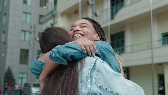 After Long Separation Two People Frends Go to Meet Each Other Hugging ...
