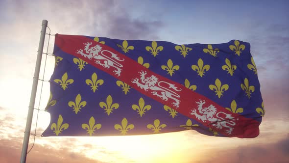 Marche flag, France, waving in the wind, sky and sun background, Motion ...