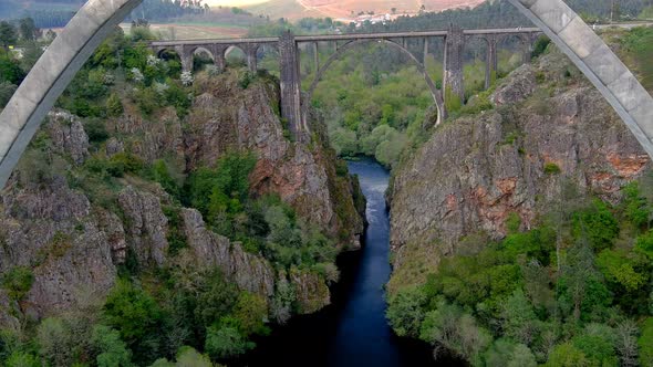 View Of Gundián Viaduct spanning Ulla River With Drone Flying Back ...