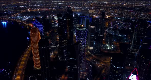 Doha at night, top view, night city lights, Qatar aerial, Stock Footage