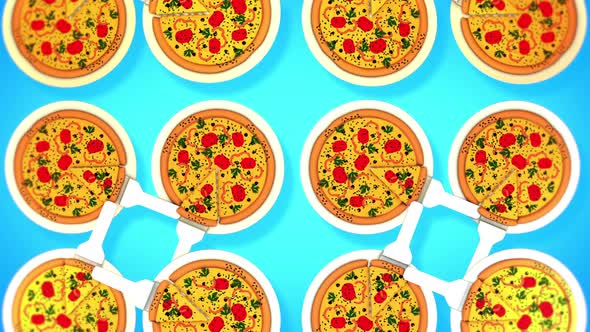 3D Computer animation of multiple digital pizzas rotating in the cyan ...