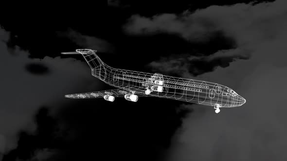 Animation of 3d technical drawing of model of aeroplane and clouds ...
