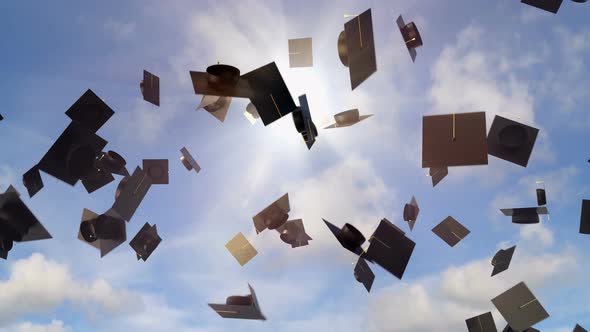 Academic Graduation Caps Throwing in the Sky Background, University ...