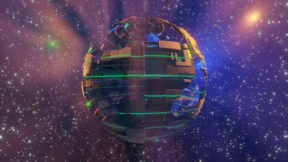 illuminated cyber ball rotates in open space surrounded by nebula ...
