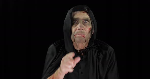 Old Executioner Halloween Makeup and Costume. Elderly Man with Blood on ...