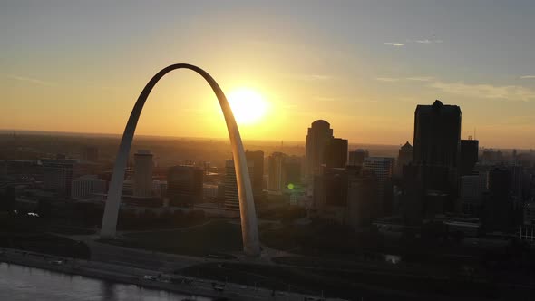 St. Louis Arch Sunset City Aerial Drone Pan Right, Stock Footage ...