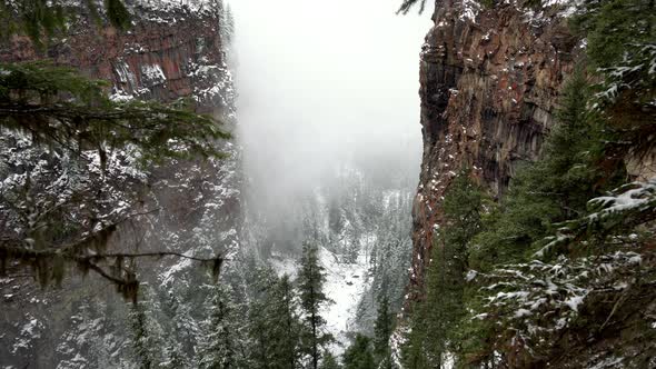 Looking down steep cliff into a valley of pine trees surrounded by mist ...