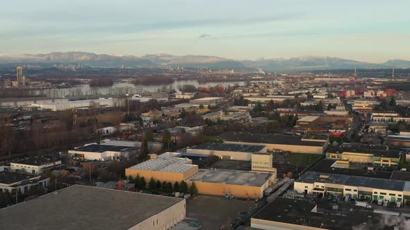 Descending aerial view of Delta, British Columbia at sunset., Stock Footage