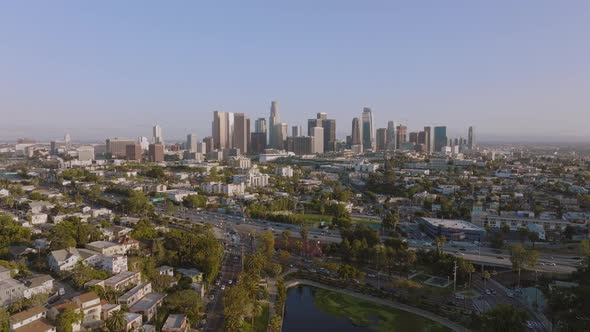 Flying Over Los Angeles, Drone Shot of Downtown Skyline Ahead and Busy ...