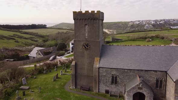 Aerial Crantock Village Church revealing Crantock Beach in Cornwall ...
