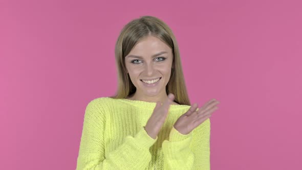 Cheerful Happy Girl Clapping and Smiling Pink Background, Stock Footage
