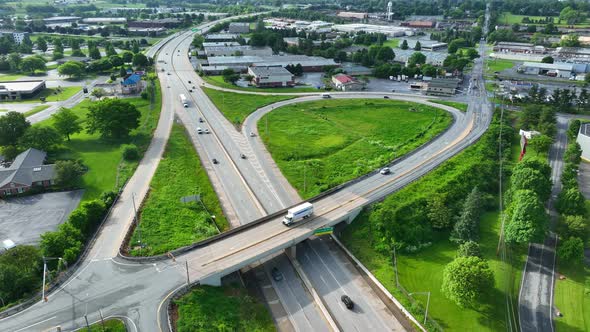 High aerial view of highway interchange. American highway, roads ...