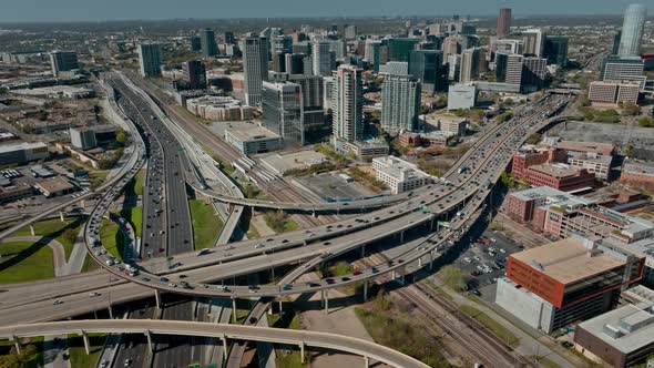 Drone Flying Over Highway Intersection Dallas Texas US, Stock Footage