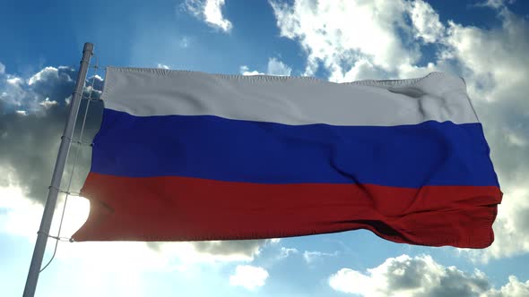 National Flag Russia Is Flying Wind Against Blue Sky, Motion Graphics