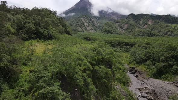 Aerial view of active Merapi mountain with clear sky in Indonesia ...