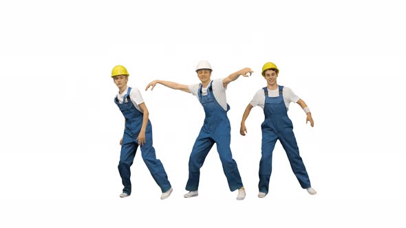 Three Caucasian Construction Workers Dancing on White Background ...