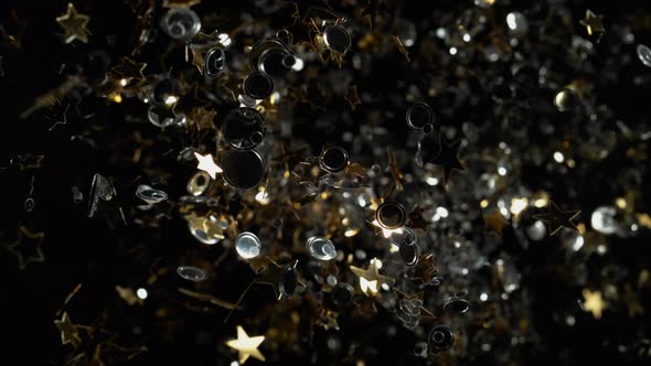 Star, round shape confetti fly after exploded on black background. 4K ...