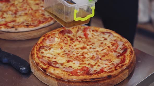 Process of making pizza. Close up of fresh original pizza preparation ...