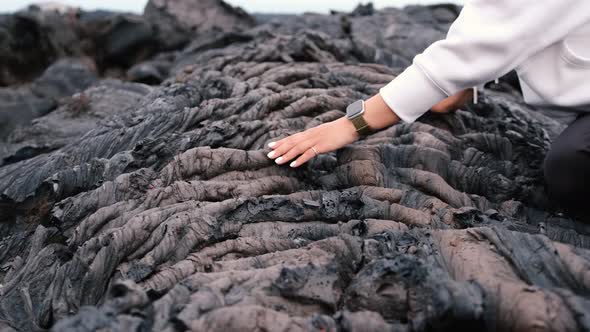 Female Hand Touching Black Volcanic Lava Close Up, Stock Footage ...