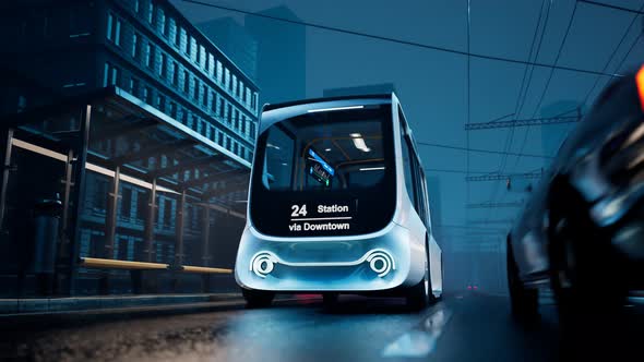 An autonomous electric smart bus in the city. Moder minibus stops at a ...