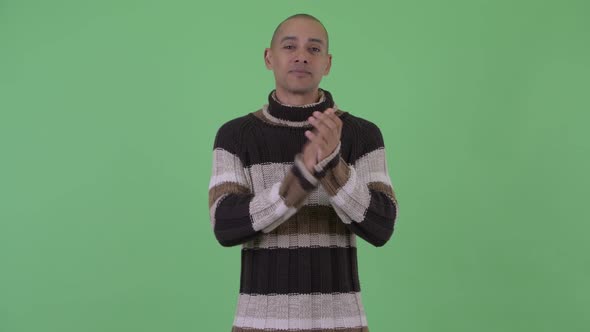 Happy Bald Multi Ethnic Man Clapping Hands Ready for Winter, Stock Footage
