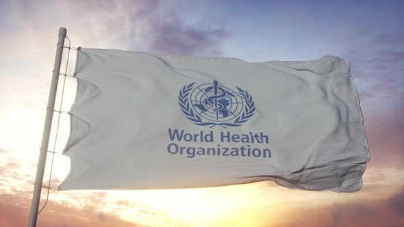 World Health Organization Flag Waving in the Wind Sky and Sun ...