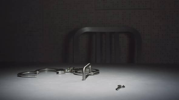 Close-up parallax shot of a pair of handcuffs and a key on a table in ...
