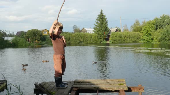 Little Boy Caught a Small Fish in the Pond with Ducks, Stock Footage