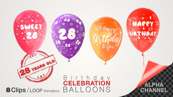 28th Birthday Celebration Balloons / Twenty-Eight Years Old, Motion ...