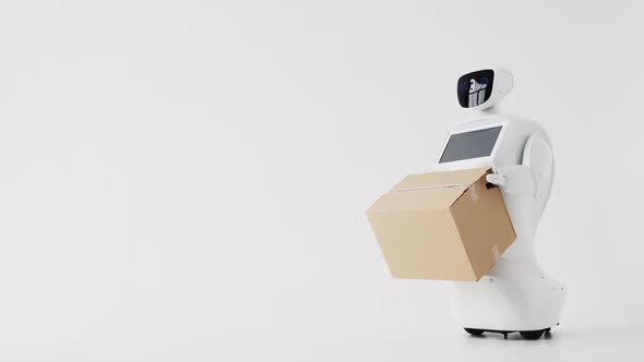 Humanoid Autonomous Robot with Cardboard Box in Hand. Cybernetic System ...