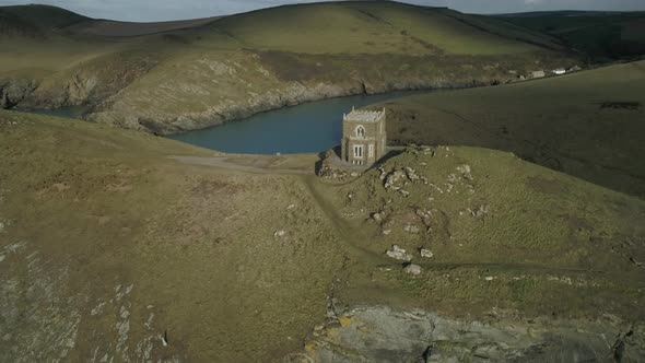 Aerial view of Doyden Castle and the coastline near Port Quin in north ...