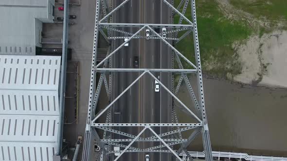 AERIAL: Overhead birds eye view of bridge and traffic., Stock Footage