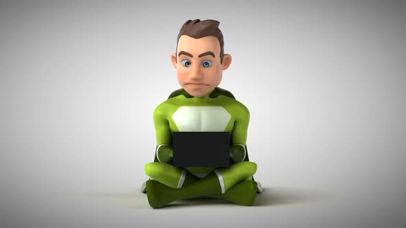 Fun 3D cartoon superhero typing on a laptop, Motion Graphics | VideoHive