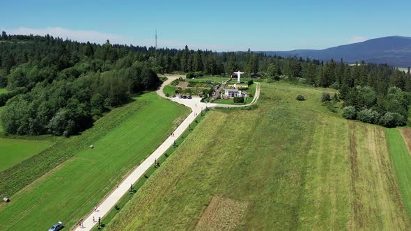 Aerial view of the statue of Jesus in the village of Klin Slovakia ...