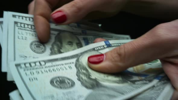 Woman Checking Amount of Cash Money. Hands Holding One Hundred Dollar ...