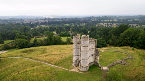 Drone flying around Donnington medieval castle ruins, Berkshire county ...