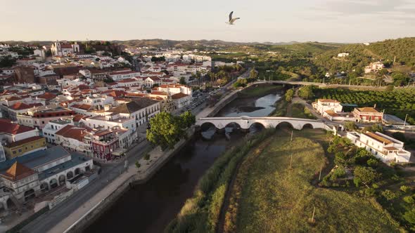 Roman bridge over Arade River, Silves city surrounded by green fields ...