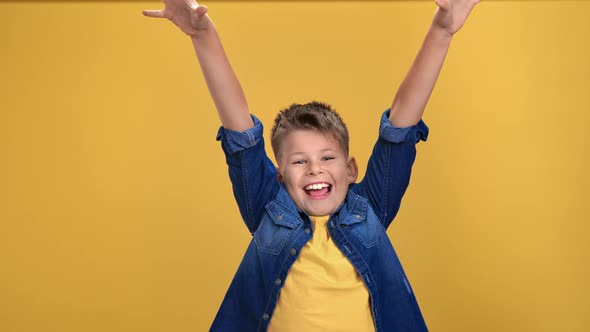 Portrait Overjoyed Modern Teen Boy Rejoice Screaming with Raising Hands ...