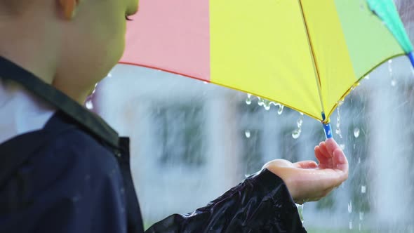 Boy Standing with Umbrella and Catching Raindrops, Stock Footage ...