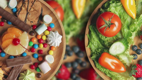 Fruits and Vegetables Vs Candy Sweets and Unhealthy Food, Stock Footage