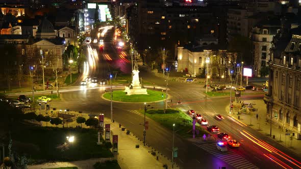 Blurred Traffic on the Street at Roundabout. Bucharest Night Timelapse ...