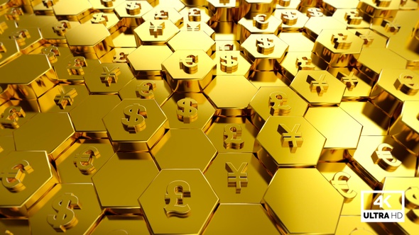 Gold World Currency Symbols With Hexagon Background, Motion Graphics