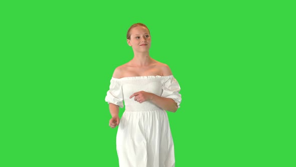 Young Woman in White Dress Running on a Green Screen Chroma Key, Stock ...