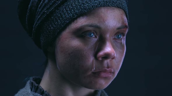 Depressed Teenage Beggar Crying About Hopeless Poverty, Hunger and ...