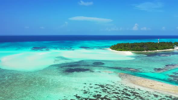 Aerial panorama of exotic sea view beach journey by blue lagoon and ...