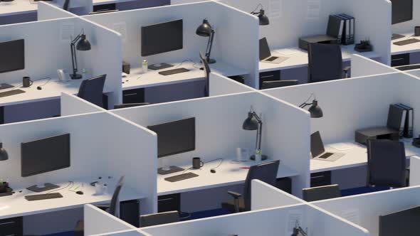 Row of endless cubicles in white, modern office space. Contemporary ...