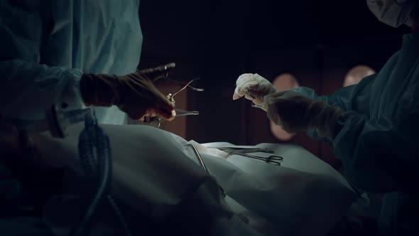 Surgeons Team Hands Suture Incision in Medical Suit Dark Operating Room ...