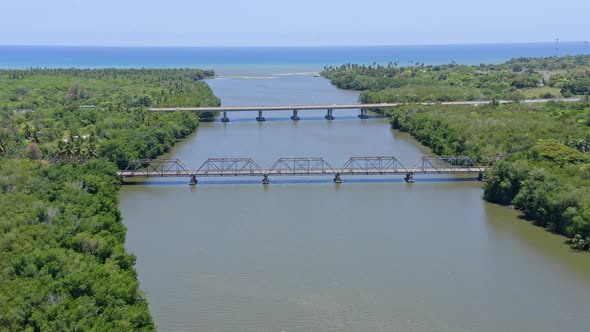 Aerial View Of The Former Bridge With The New Bridge Over Rio Soco At ...
