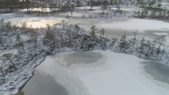 Frozen Lakes and Snowy Bog Landscape in Winter Aerial View, Stock Footage