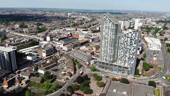 Aerial view of the two tall towers and Ilford town centre on a sunny ...